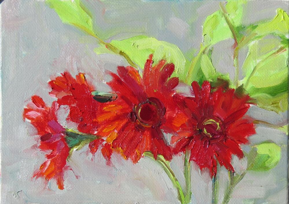 "Red Flowers,still life,oil on canva..." by Joy Olney