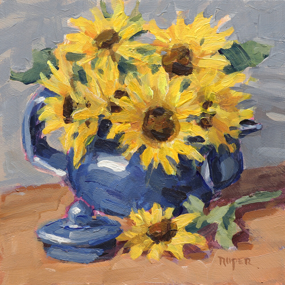 "Sunflowers In Blue Teapot " by Stuart Roper