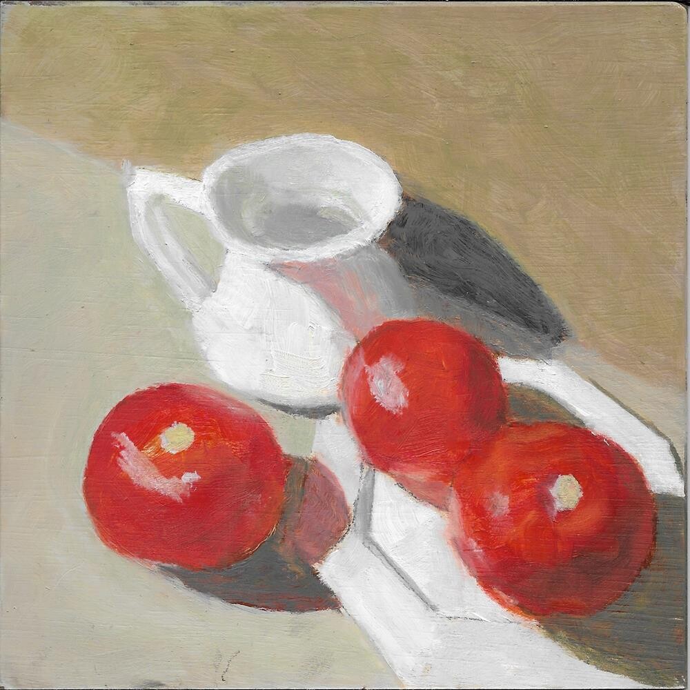 "Travel Mug and three tomatoes" by Fred Peacock