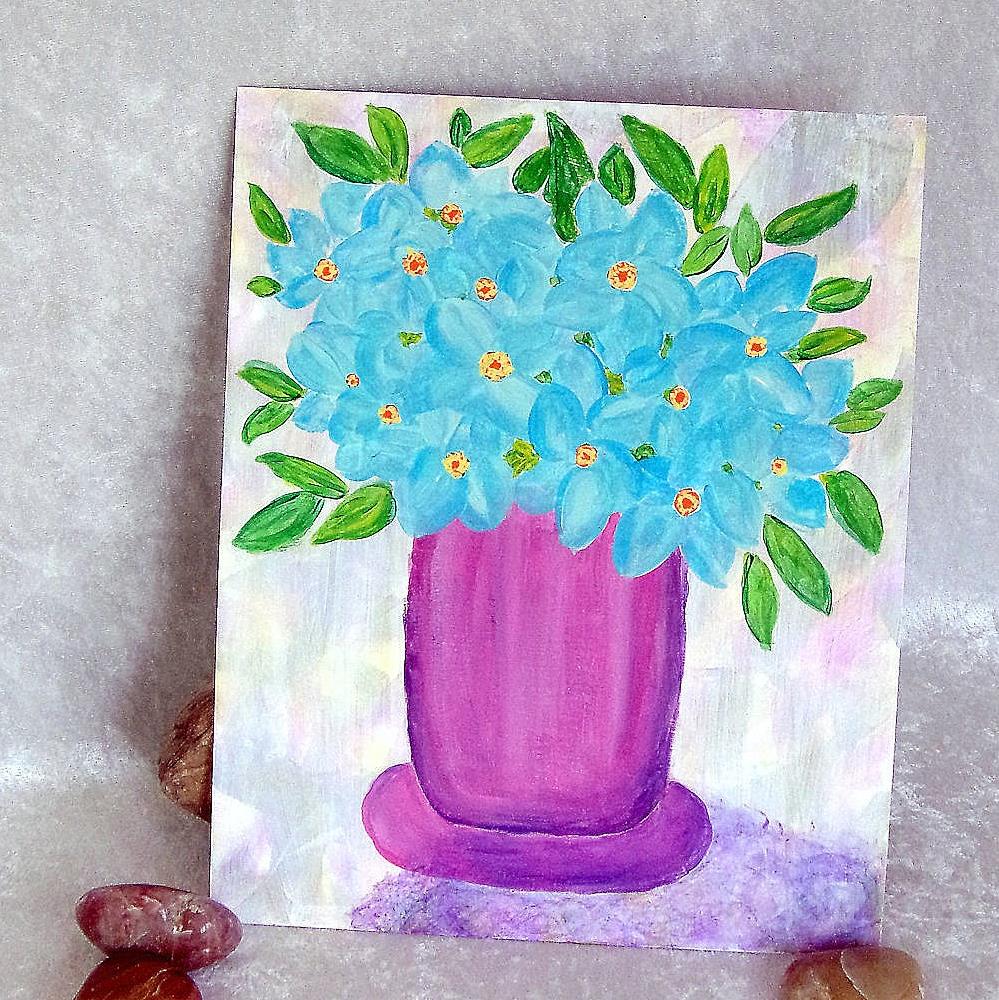 "Magenta Vase with Aqua Flowers" by Jan Burch