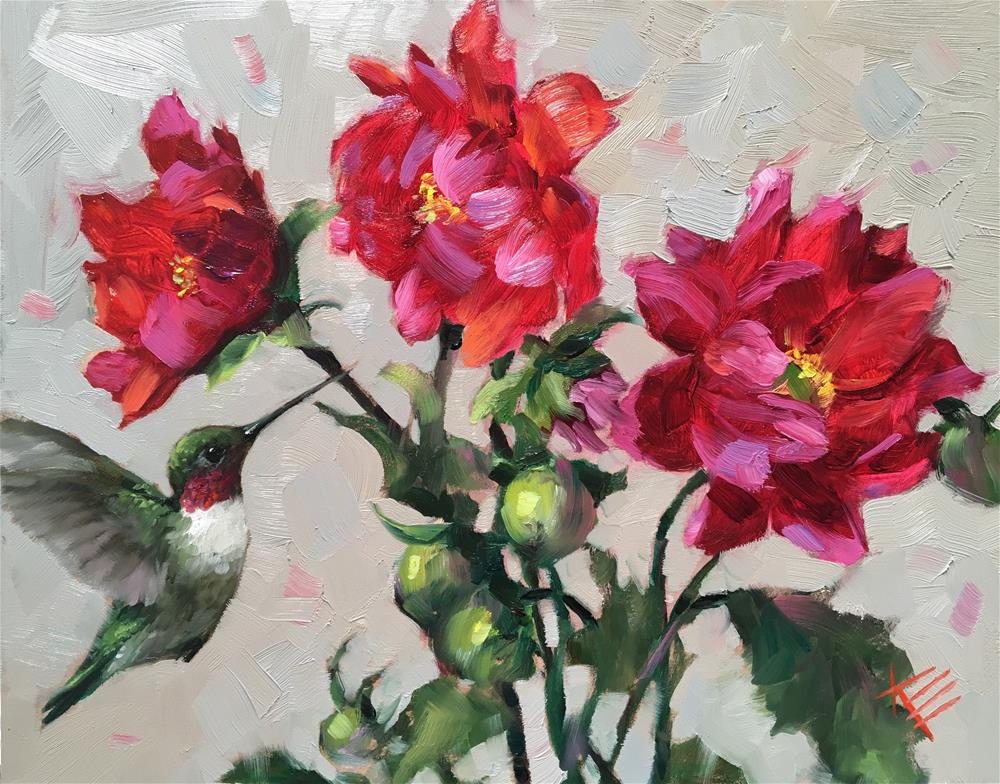"Hummingbird & Dahlias " by Krista Eaton