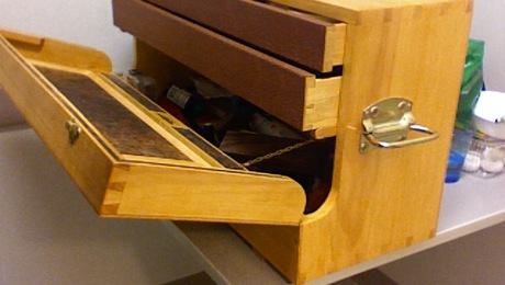 Dovetailed pine tool box with black walnut veneered lid and quartersawn ...