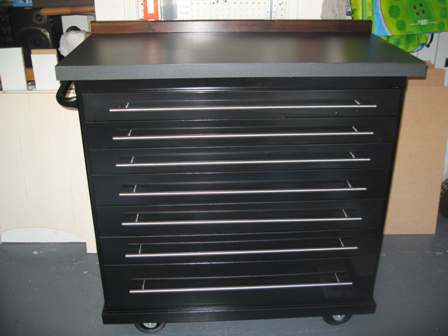 7 drawer roller chest in black with black walnut accent - FineWoodworking