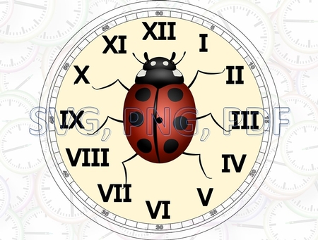 Ladybug clock face with Arabic and Roman numbers. Minute tick marks ...