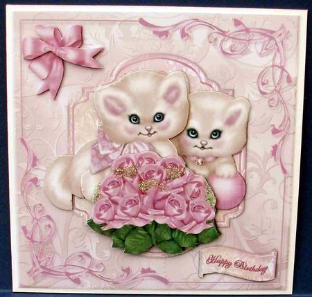 Kittens with Pink Rose Bouquet Card Front - CUP589007_1065 | Craftsuprint