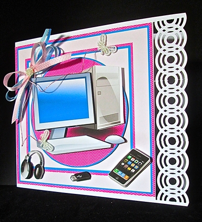 Pink Computer birthday card with headphones, memory stick and iphone ...