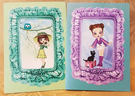 2 FrillyToppers one Purple, one Turquoise both with a cute girl on ...