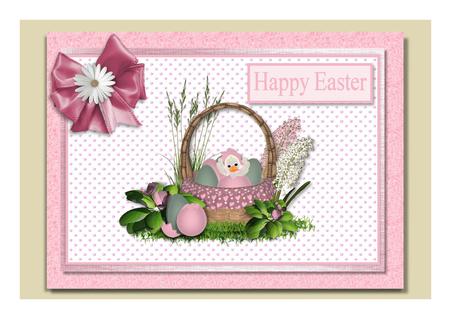 Pink Easter Card with Chick and Egg Basket - CUP181787_993 | Craftsuprint