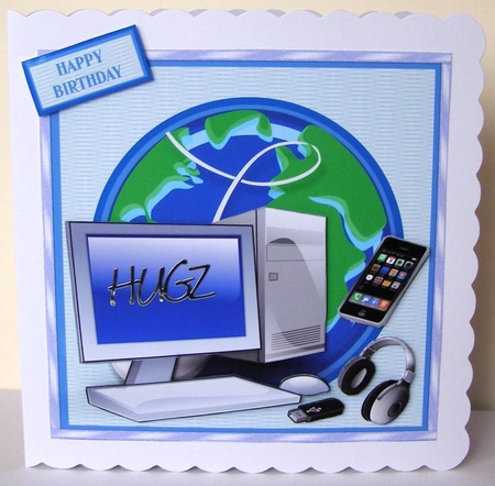 Computer birthday card with headphones, memory stick and iphone ...