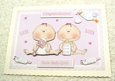 Twin baby girls with rattle, stork, name tags & hearts - CUP723169_2306 ...