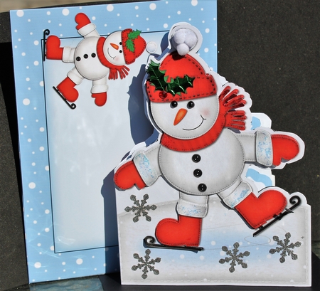 3D Xmas Skating Snowman Shaped Card with Decoupage - Photo by Pam Sperling