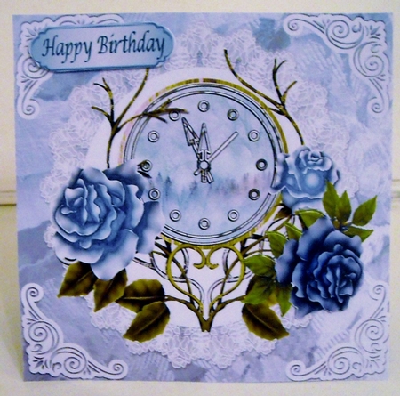 Nearly Midnight! with vintage clock & blue roses with lace 8x8 ...