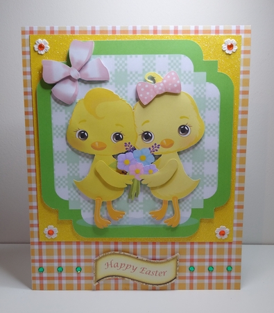 Green Check with border 8x8 card front with cute chicks & bows ...