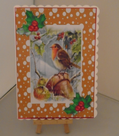 Robin in the snow with pyramids and holly A5 in gold snow frame - Photo ...