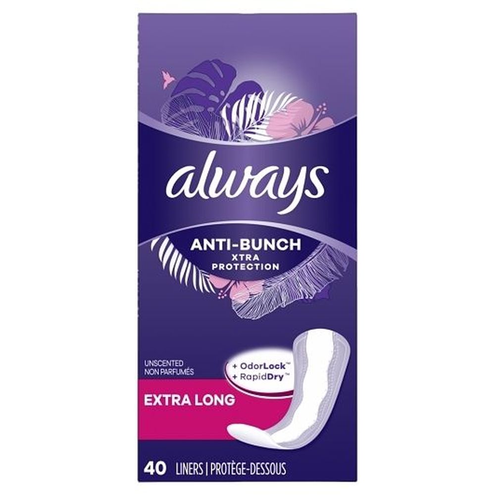 Always Anti-Bunch Extra Long Daily Liners, 40 Count -- 6 per case