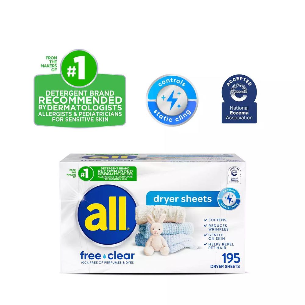 All Laundry Detergent Free Clear Dryer Sheets for Sensitive Skin, 195 ...