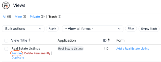 Manage Views - Formidable Forms