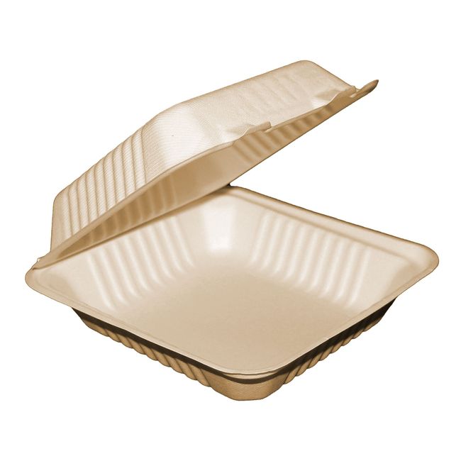 Table Accents Bagasse Compostable Clamshell Container| 8 X 8 X 3 Inch