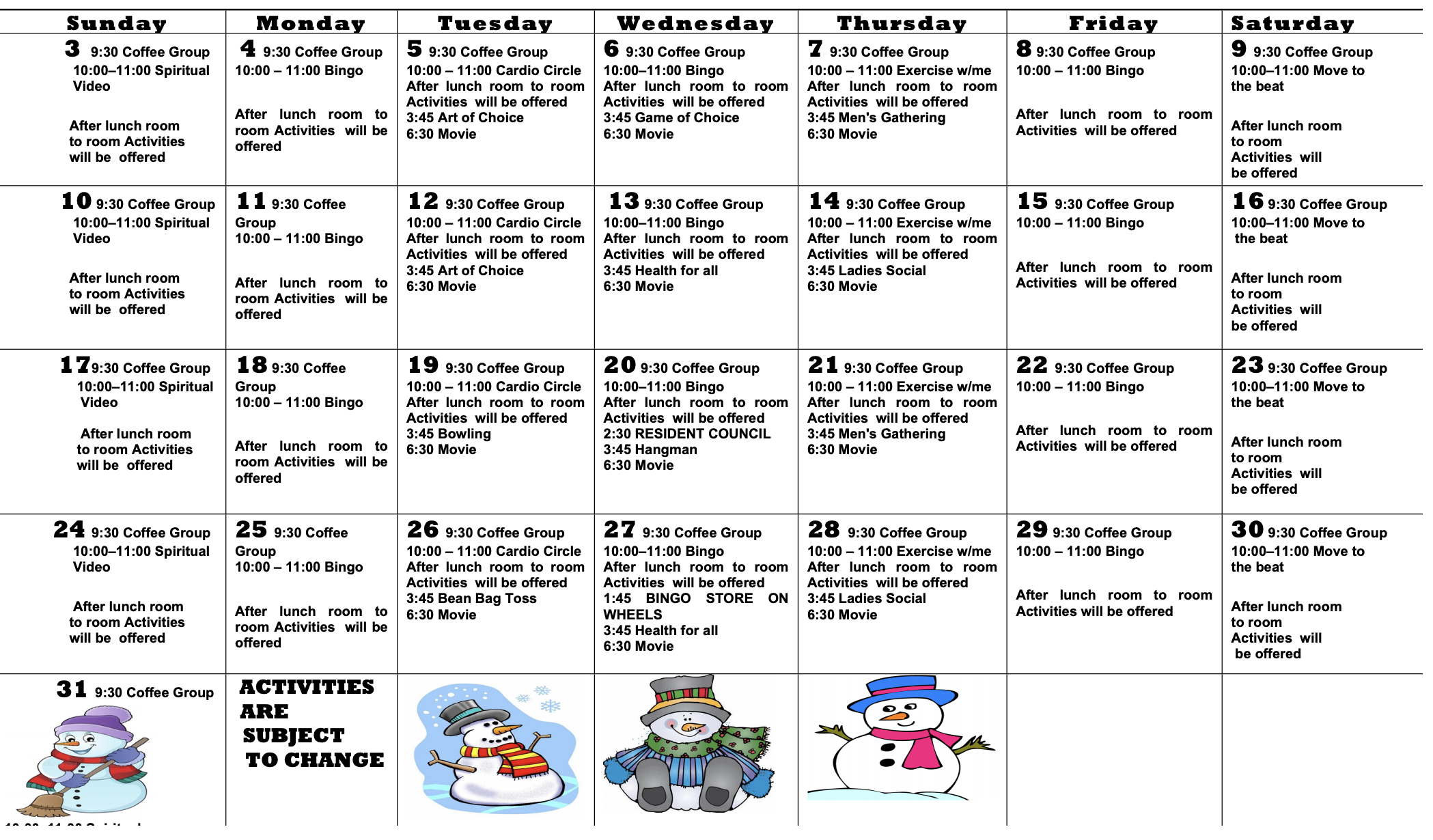 Activity Calendar - Doubletree Post Acute