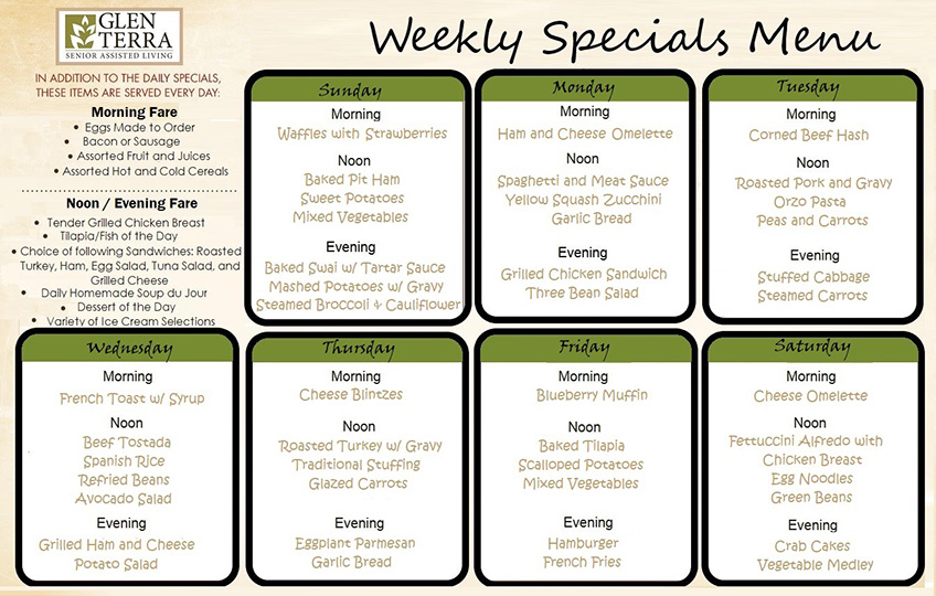 Dining/Menu - Glen Terra Senior Assisted Living