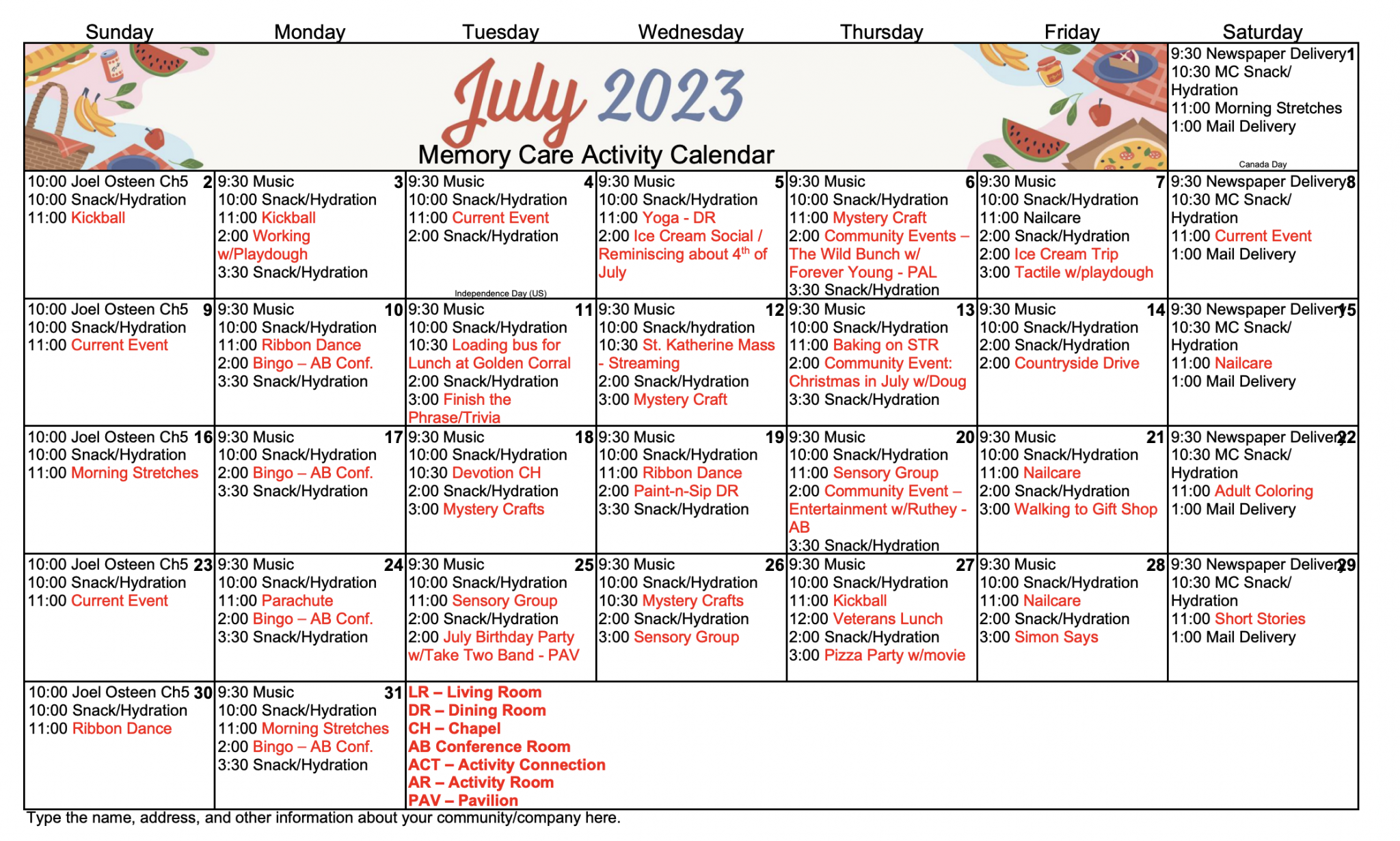 Activity Calendars - Citizens Care and Rehabilitation Center of Frederick