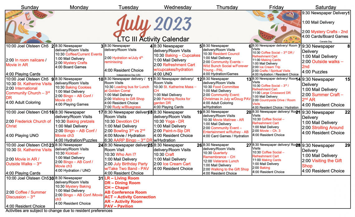 Activity Calendars - Citizens Care and Rehabilitation Center of Frederick