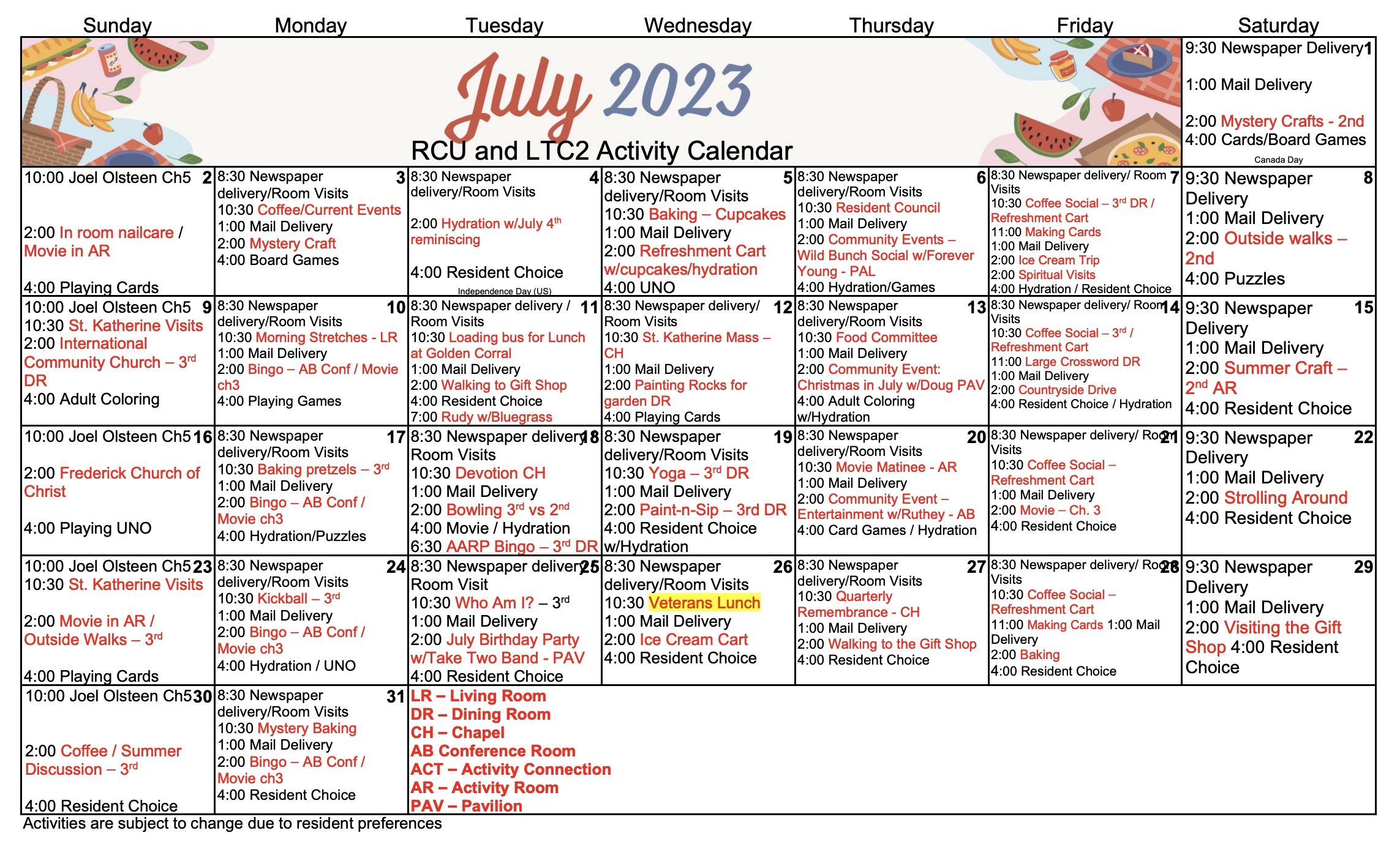 Activity Calendars - Citizens Care and Rehabilitation Center of Frederick