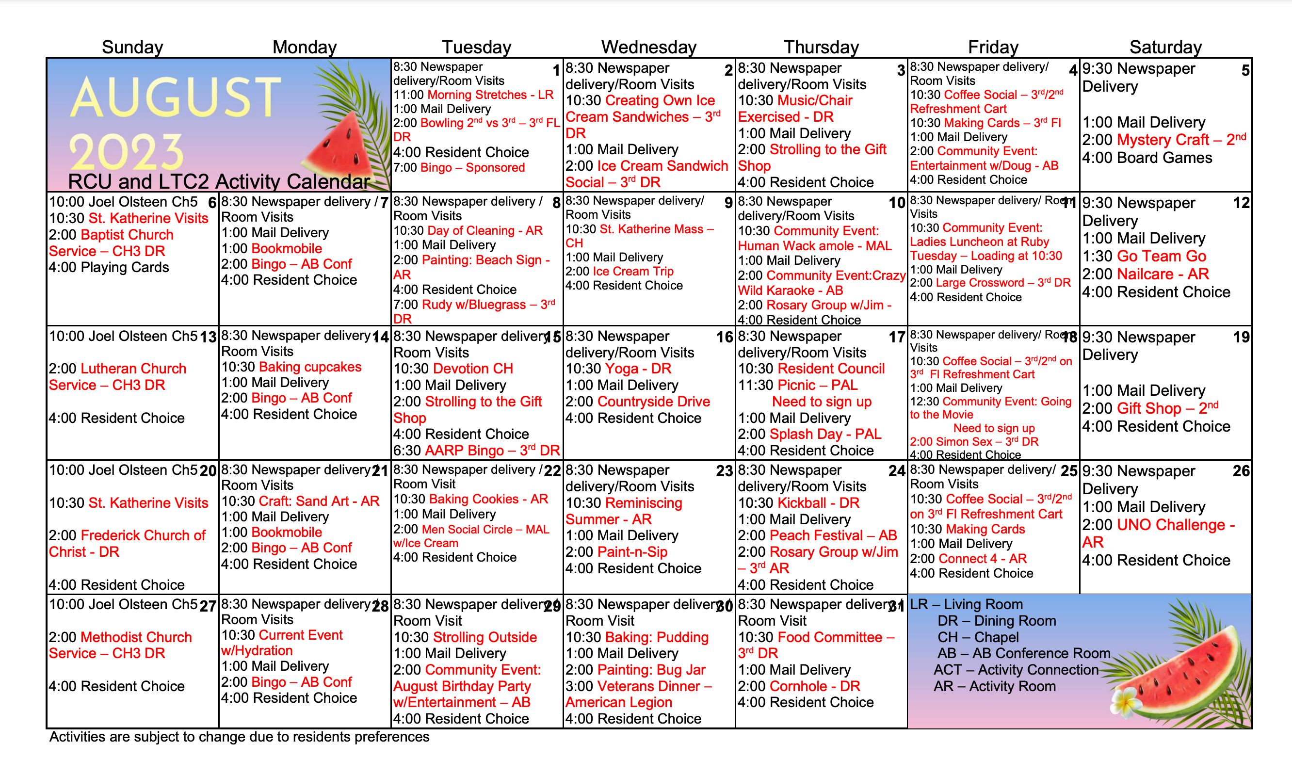 Activity Calendars - Citizens Care and Rehabilitation Center of Frederick