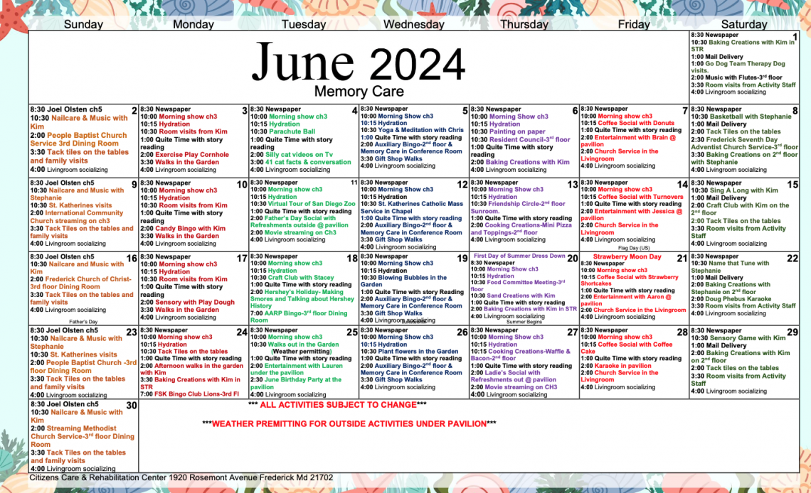 Activity Calendars - Citizens Care and Rehabilitation Center of Frederick