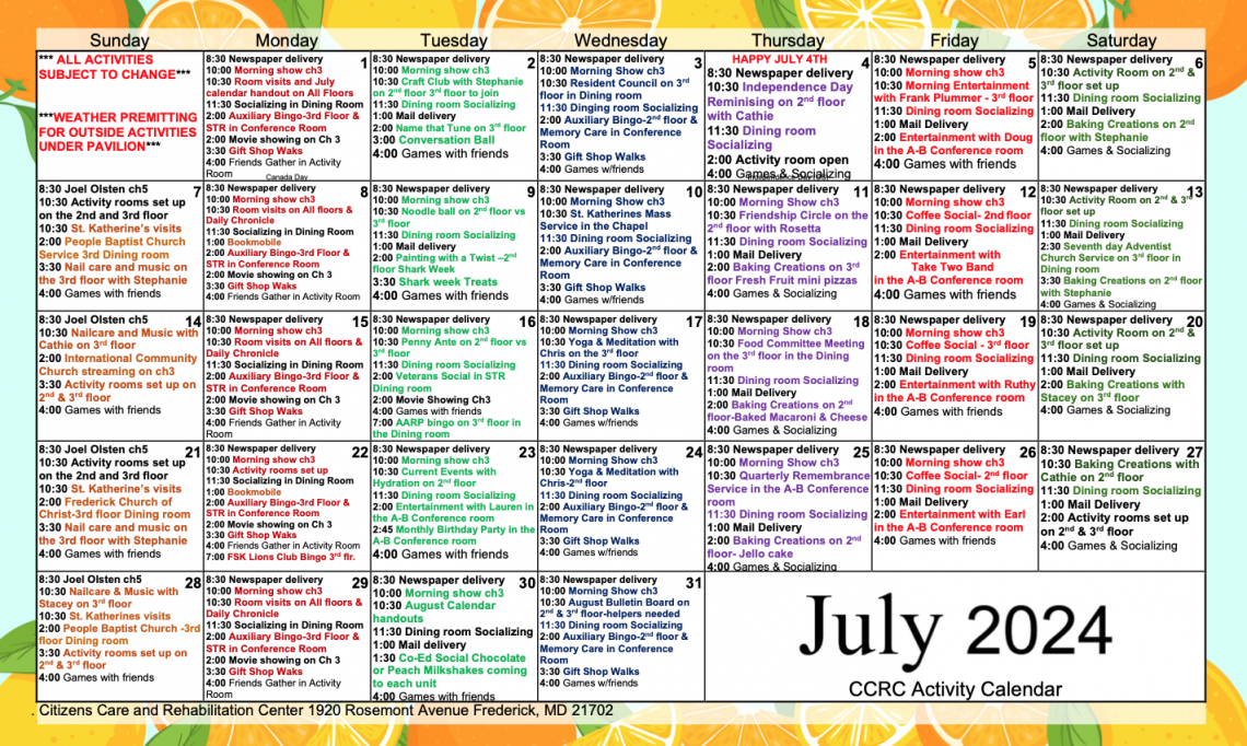 Activity Calendars - Citizens Care and Rehabilitation Center of Frederick