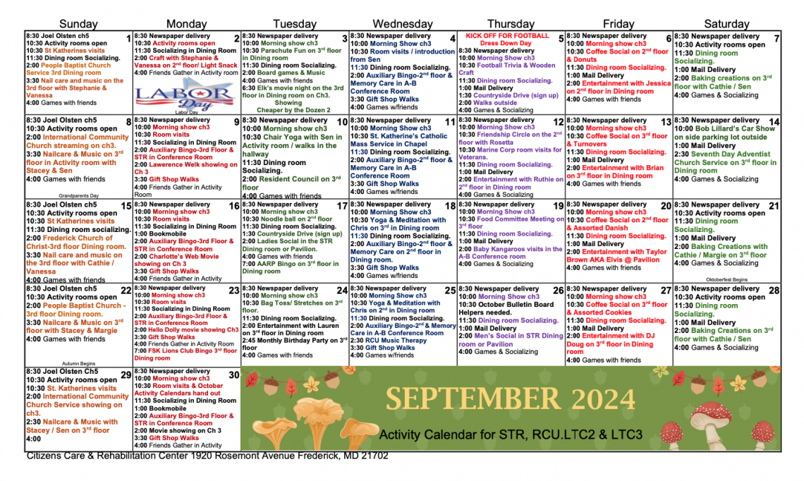 Activity Calendars - Citizens Care and Rehabilitation Center of Frederick