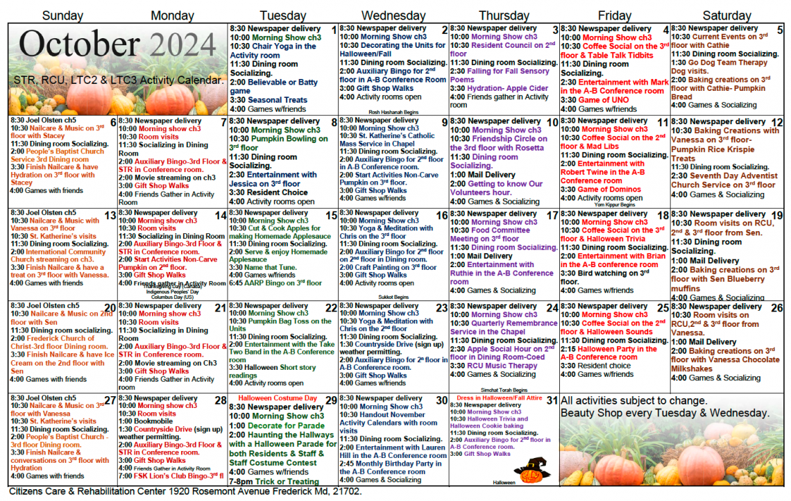 Activity Calendars - Citizens Care and Rehabilitation Center of Frederick