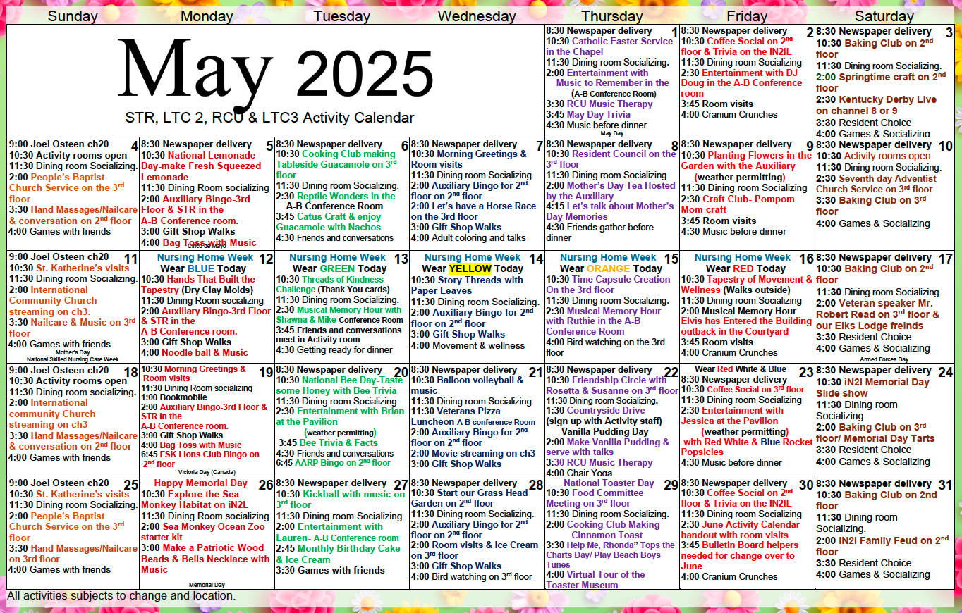 Activity Calendars - Citizens Care and Rehabilitation Center of Frederick