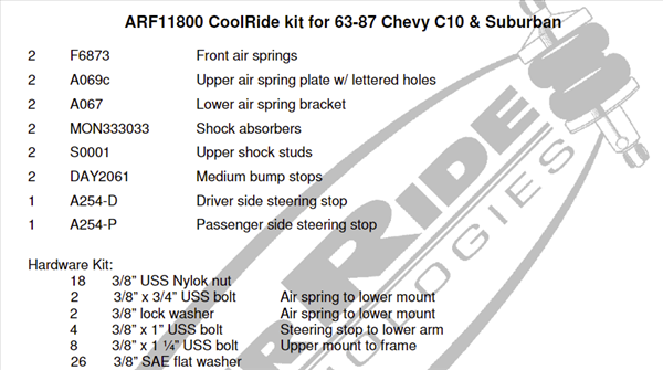 RideTech ARF11800 Front Level 1 suspension kit