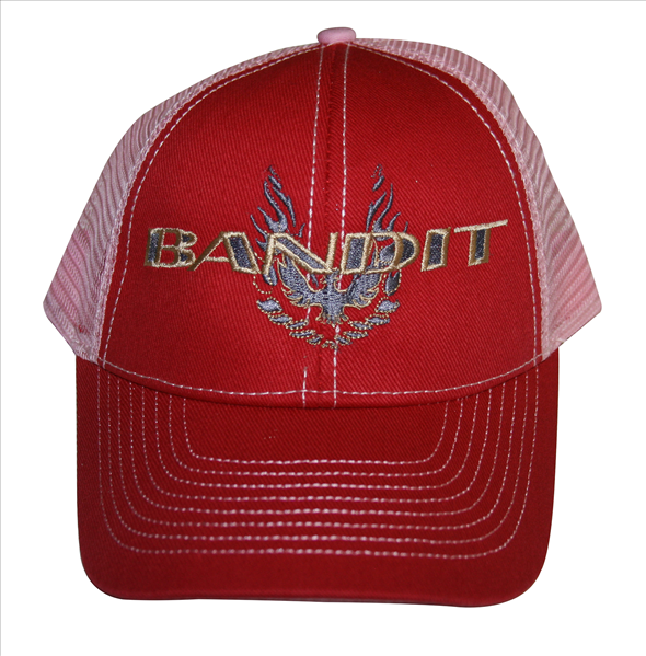 Bandit trucker-style hat. Color: Pink and Red.
