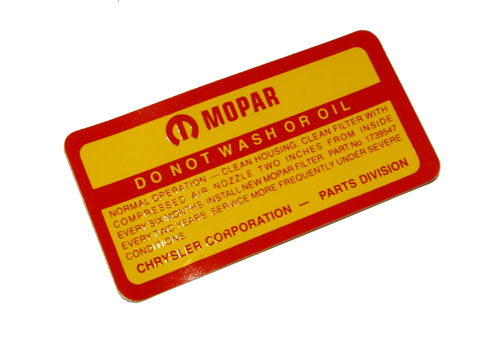 1966-74 A B E-Body Air Cleaner Service Instruction Decal...