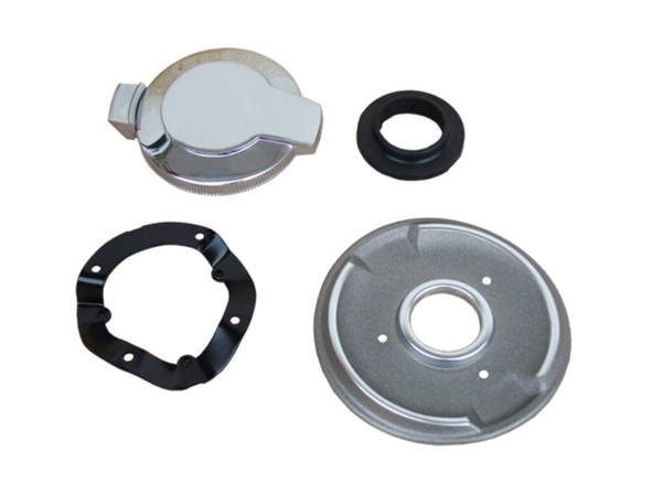 Reproduction flip top fuel cap kit for 1967 GTX models.