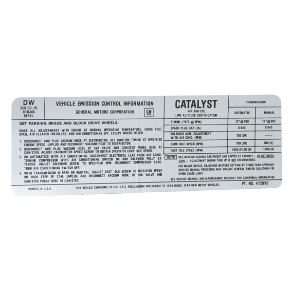 1953-82 Corvette Emission Decal 1978 350/220 Hp A/T M/T