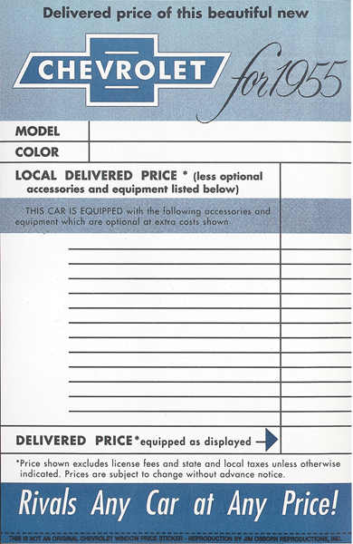 1955-57 Chevy New Vehicle Window Price Sticker 1955 Chev...