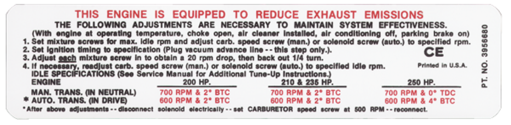 1969 Chevrolet Emission Decal Code CE 3956680