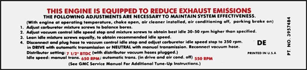 1967-87 Chevy GMC Truck Emission Decal 1969 305 V6 A/T