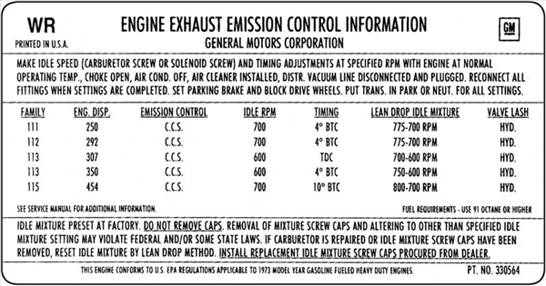 1967-87 Chevy GMC Truck Emission Decal 1973 205