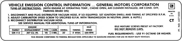1967-87 Chevy GMC Truck Emission Decal 1972 292 1 Bbl A/...