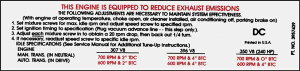 1967-87 Chevy GMC Truck Emission Decal 1969 307