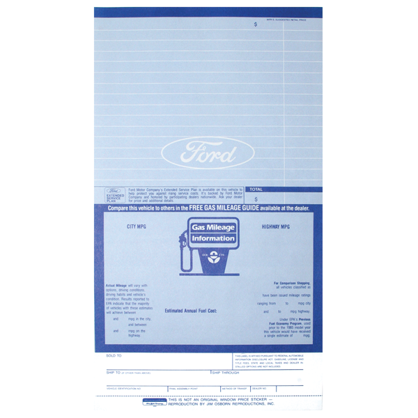 1979-04 Mustang New Vehicle Window Price Sticker 1986 Mu...