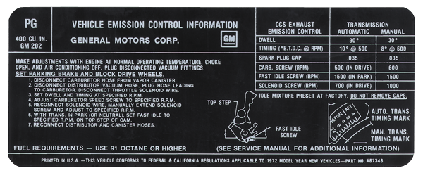 1964-72 GTO 1972 Emission Decal