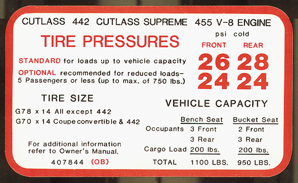 1964-72 Cutlass 442 1970 Cutlass 442 455 Engine Tire Pres...