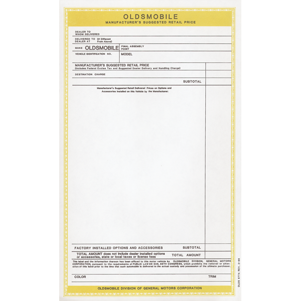 1964-72 Cutlass 442 Blank Olds Window Sticker 1964 1967