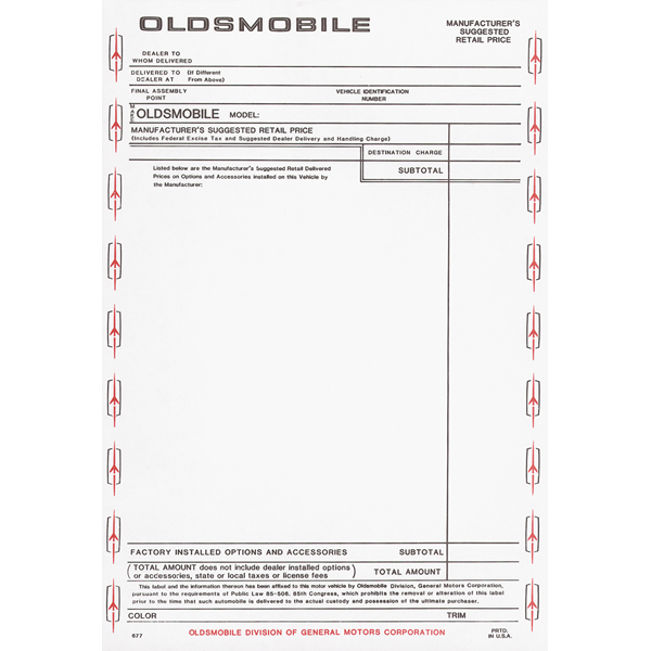 1964-72 Cutlass 442 Blank Olds Window Sticker 1968