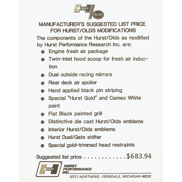 1964-72 Cutlass 442 Hurst Olds Window Sticker Supplement
